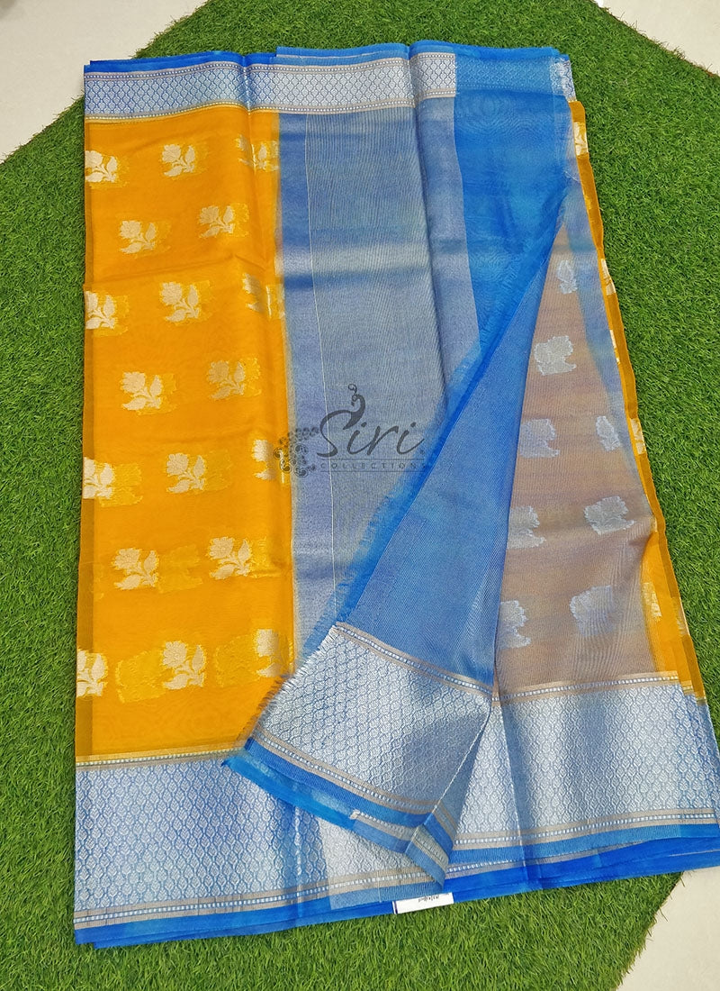 Beautiful Yellow Blue Organza Saree – Siri Collections